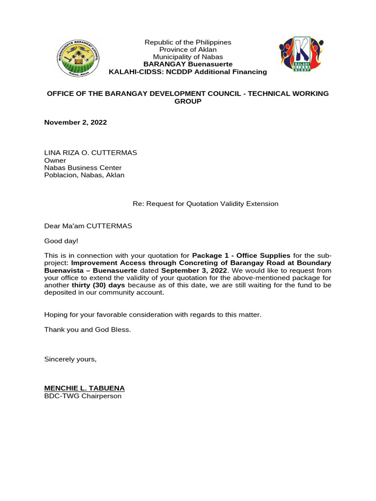 2nd BUENASUERTE - QUOTATION EXTENSION OF VALIDITY LETTER of EZ Gold | PDF