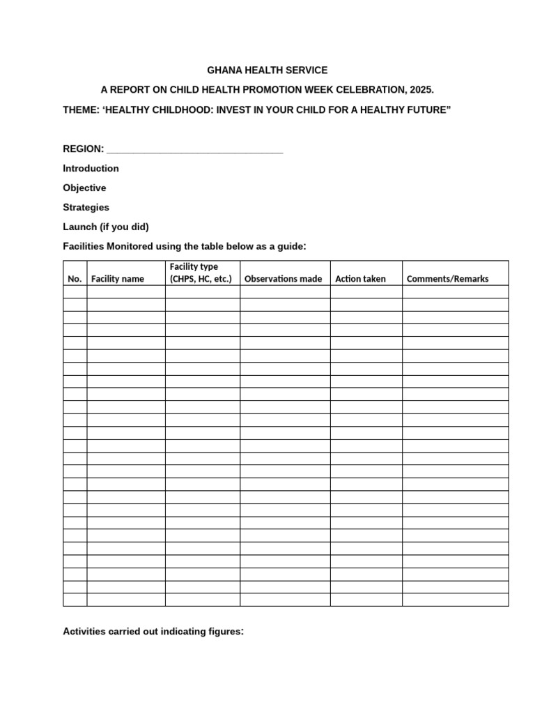 GHS Reporting Format - Child Health Promotion Week 2025 | PDF