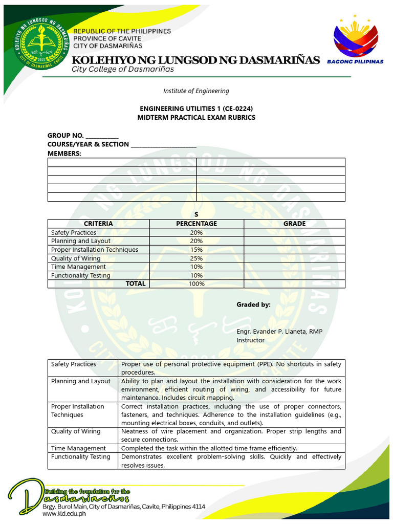 Engineering Utilities 1 Practical Exam Rubrics 1 | PDF