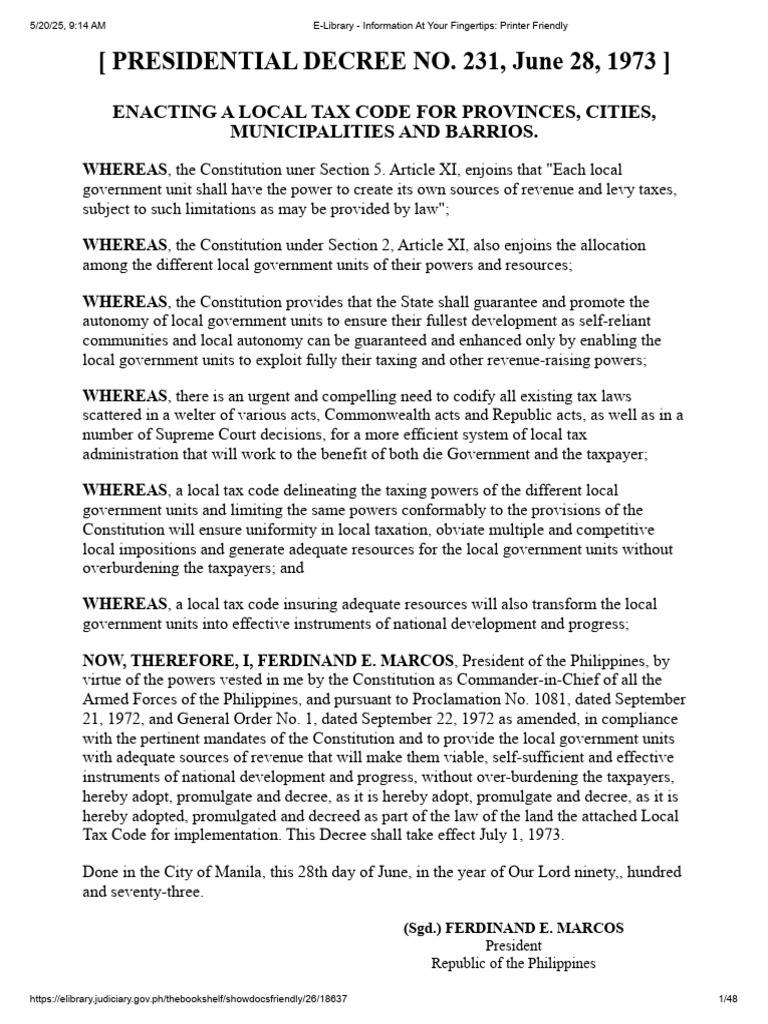 Local Tax Code Implementation 1973 | PDF | Taxes | President Of The ...