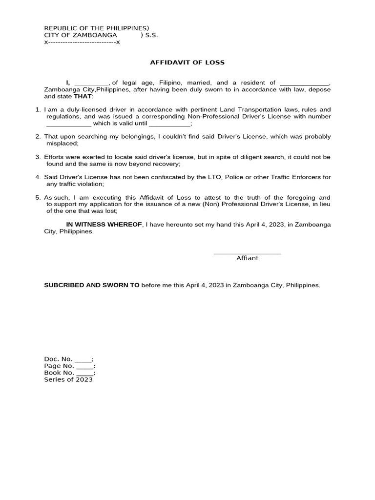 Affidavit of Loss Driver's License | PDF