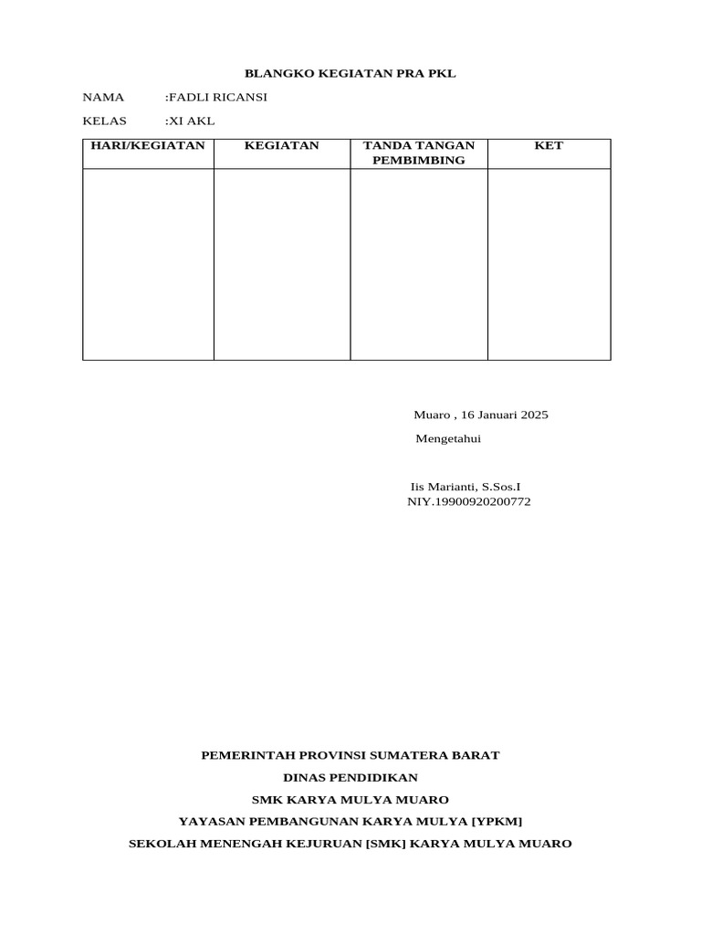 BLANGKO KEGIATAN PRA PKL Fadli XI AKL | PDF