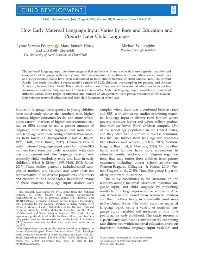 Vernon-Feagas Et Al (2020) How Early Maternal Language Input Varies by Race and Education and ...