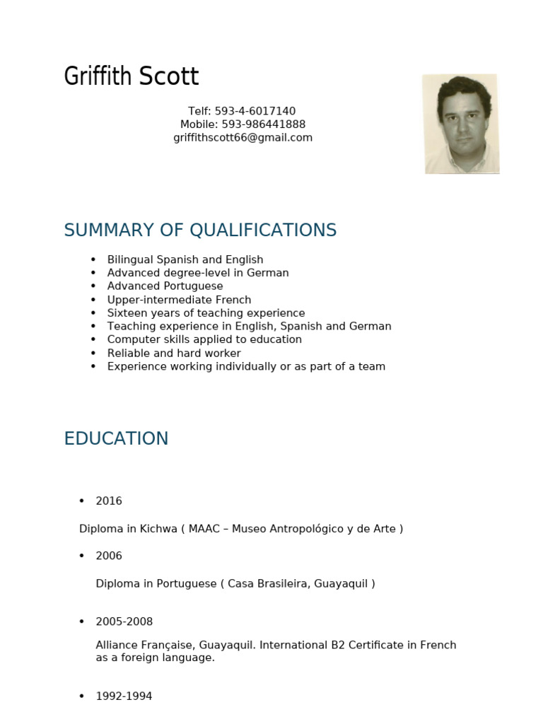 Griffith Scott's Teaching CV | PDF | Diploma | Qualifications