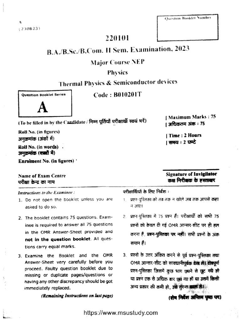 Ba BSC Bcom 2 Sem Physics Thermal Physics and Semiconductor Devices 220101 Set A 2023 | PDF