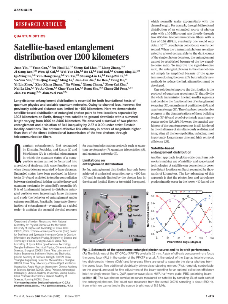 Satellite-Based Entanglement Distribution Over 1200km | PDF | Quantum Entanglement | Optical Fiber