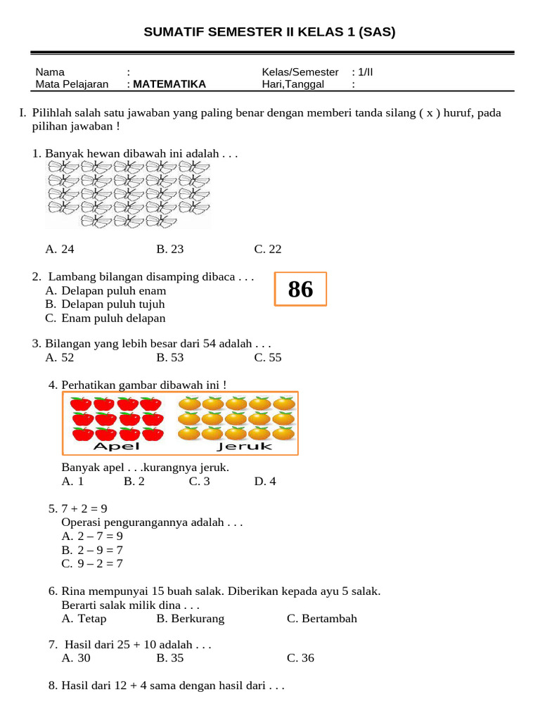 Sas 2 Kelas 1 - Matematika | PDF