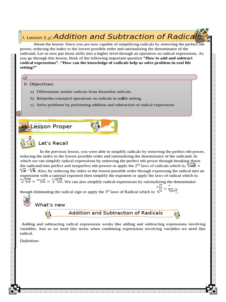 Lecture Addition And Subtraction Of Radicals Pdf Subtraction Mathematics