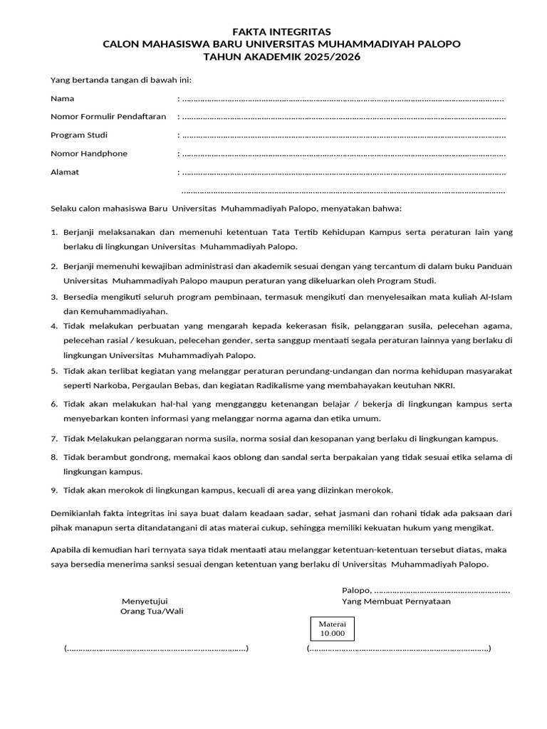 Fakta Integritas Mahasiswa 2025 | PDF