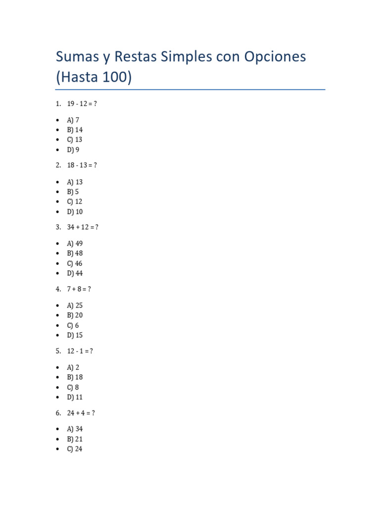 Sumas y Restas Simples Con Opciones | PDF