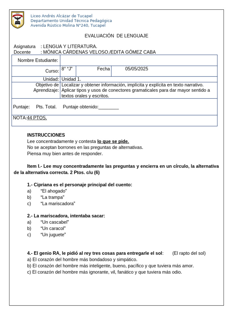 Evaluación de Lectura Octavo Subsole | PDF