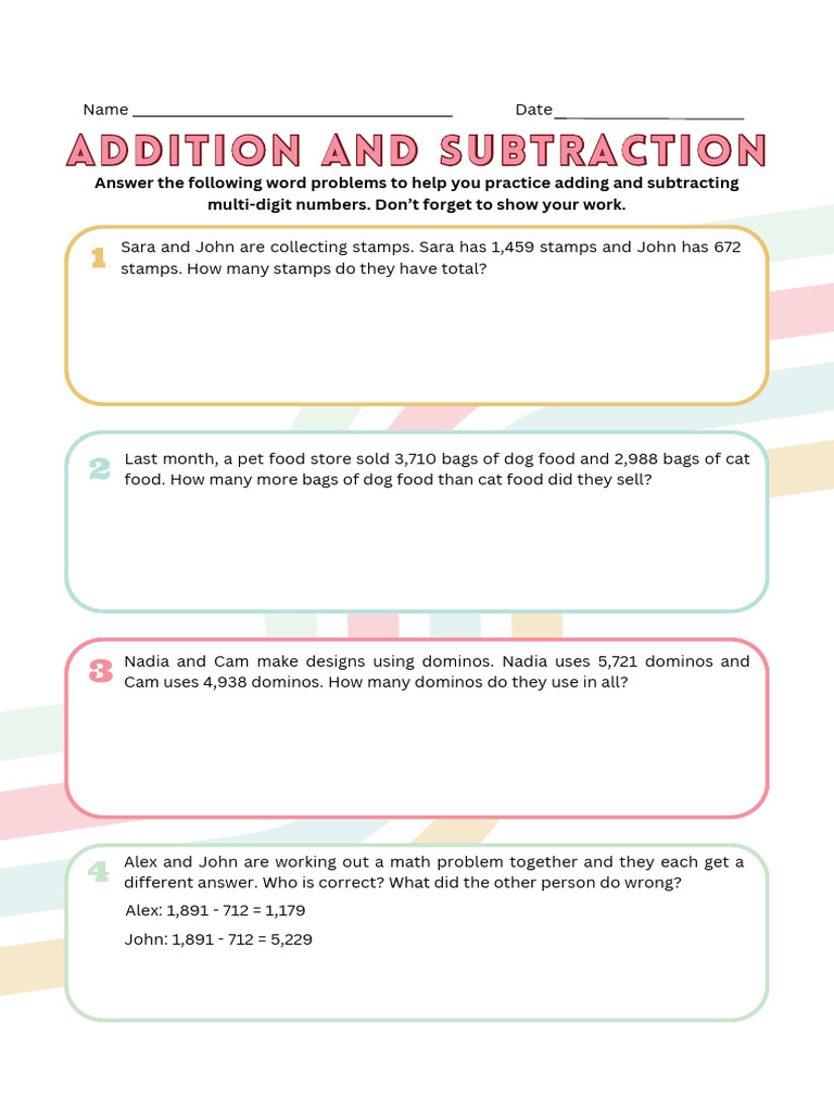 Addition and Subtraction Math Word Problem Worksheet in Colorful Simple ...