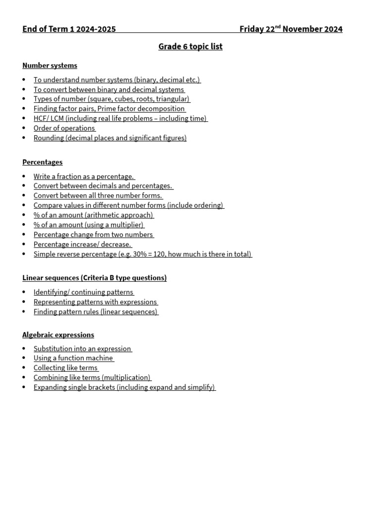 G6 End of Term 1 Revision List and Materials | PDF | Numbers | Percentage