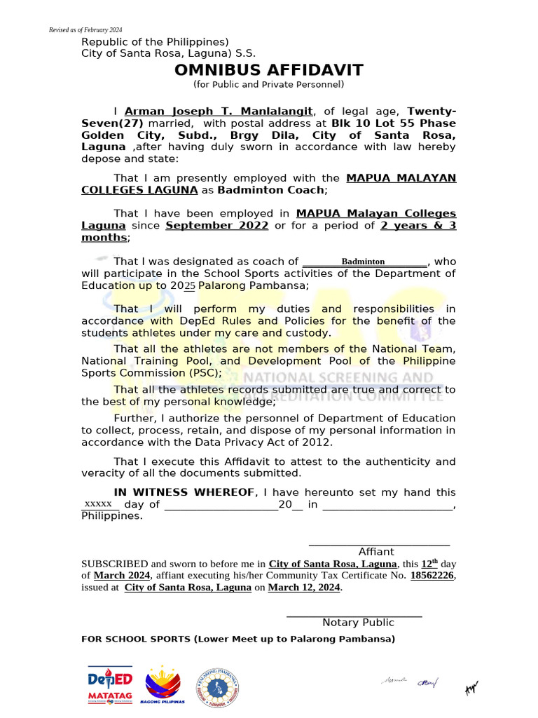 Omnibus-Affidavit v2024 Manlalangit | PDF | Affidavit | Legal Procedure