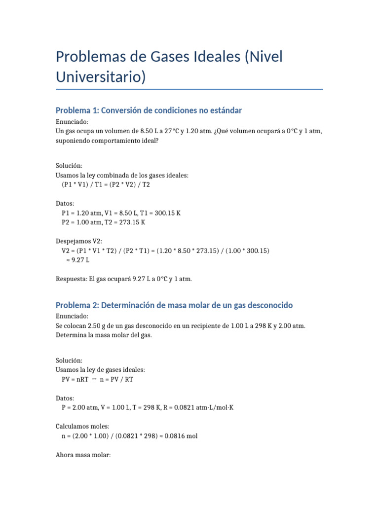 Problemas Gases Ideales Universidad | PDF