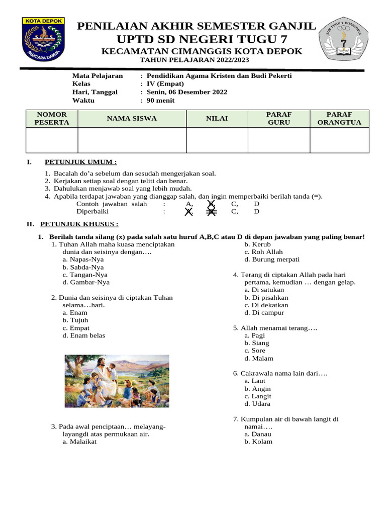 Soal PAS GAnjil Agama Kristen Kls 4 2022-2023 | PDF