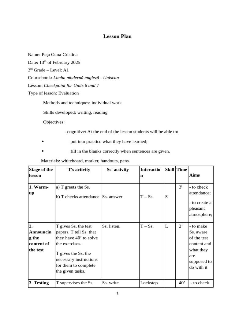 3rd Grade - Lesson Plan (Test - Verification and Control of Knowledge ...