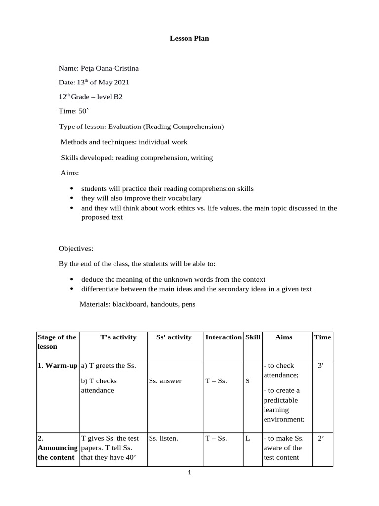 12th Grade - Lesson Plan (Test - Verification and Control of Knowledge ...