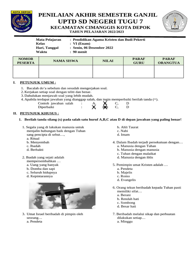 Soal PAS GAnjil Agama Kristen Kls 6 2022-2023 | PDF