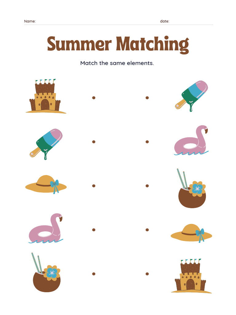 Summer Matching Worksheet in Colorful Illustrative Style | PDF
