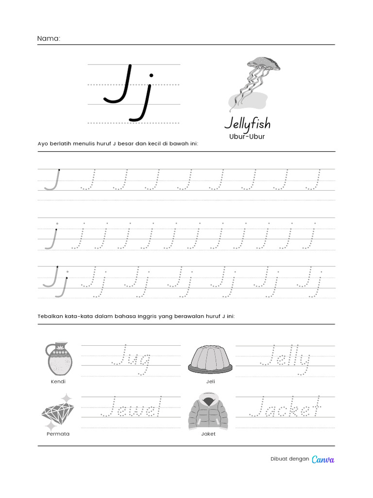 Lembar Kerja Huruf J Abjad Asli Dan Nuansa Bumi Hitam Putih | PDF