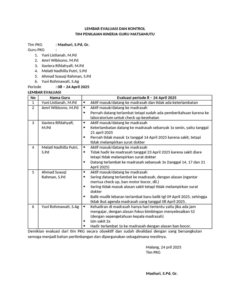 LEMBAR EVALUASI DAN KONTROL Tim PKG HURI APRIL 2025 | PDF