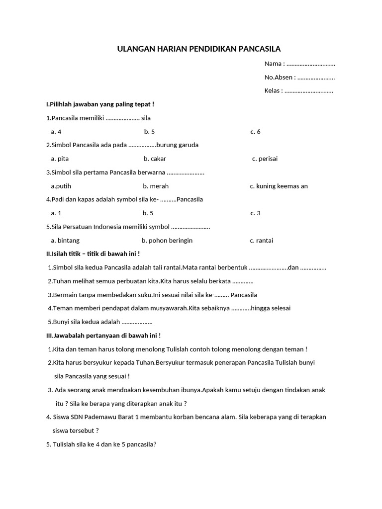 Ulangan Harian PKN Kls 1 Simbol-simbol | PDF