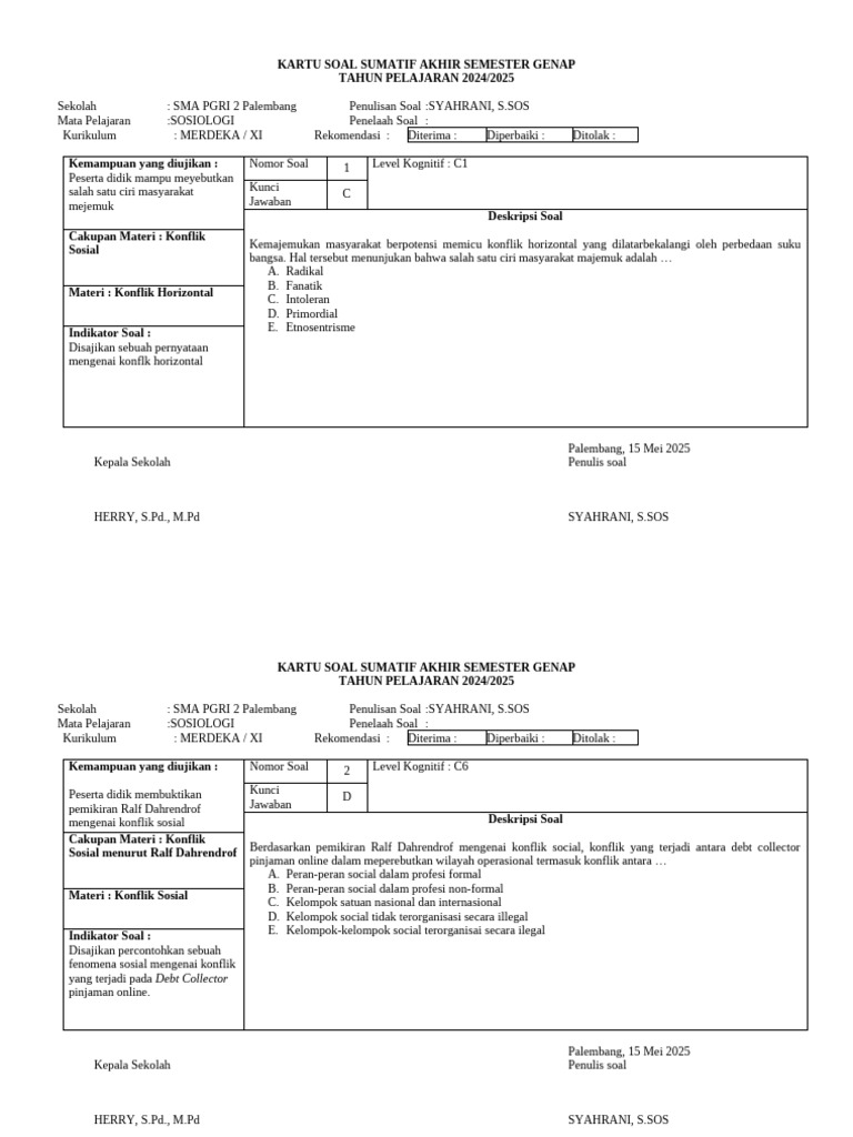 KARTU SOAL SAS SOS GEN PILGAN KOMPLEKS - Syahrani | PDF