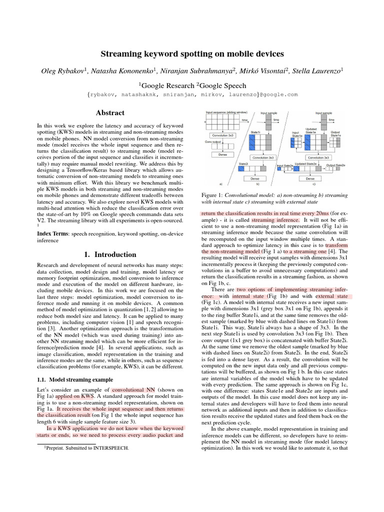 Streaming Keyword Spotting On Mobile Devices | PDF | Deep Learning | Computational Neuroscience