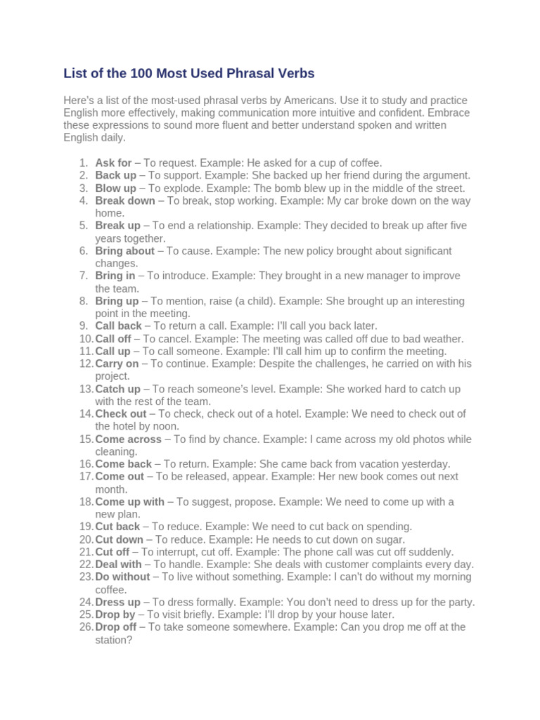 Top 100 Common Phrasal Verbs List | PDF | English Language