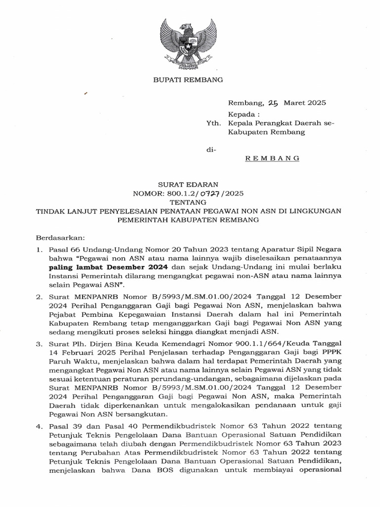 Surat Edaran Penyelesaian Penataan Non ASN Final | PDF