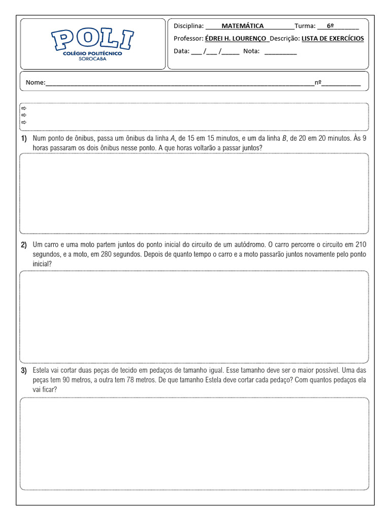 2025-1 - 6ºano - Rec - Ap1 - Lista de Exercícios | PDF
