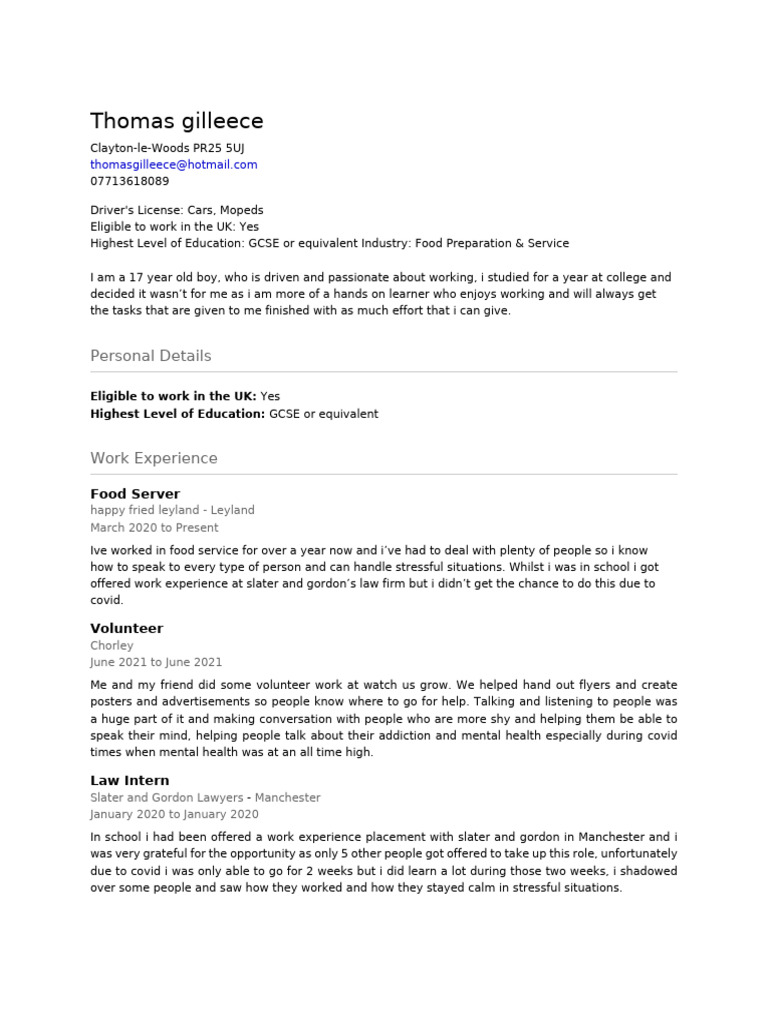 Thomas Gilleece: Food Service Resume | PDF