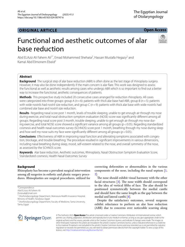 (Fahem Ali) Functional and Aesthetic Outcomes of Alar Base Reduction | PDF | Human Nose ...