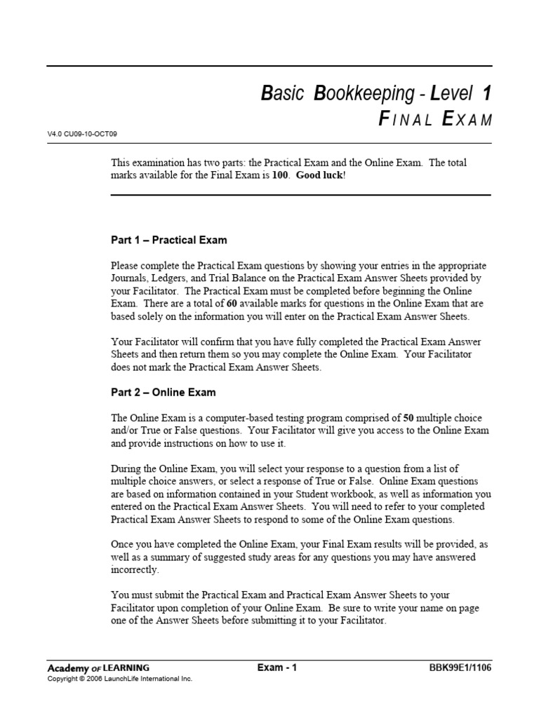 Basic Bookkeeping Level 1 - Final Exam - Questionaire 1 | PDF ...