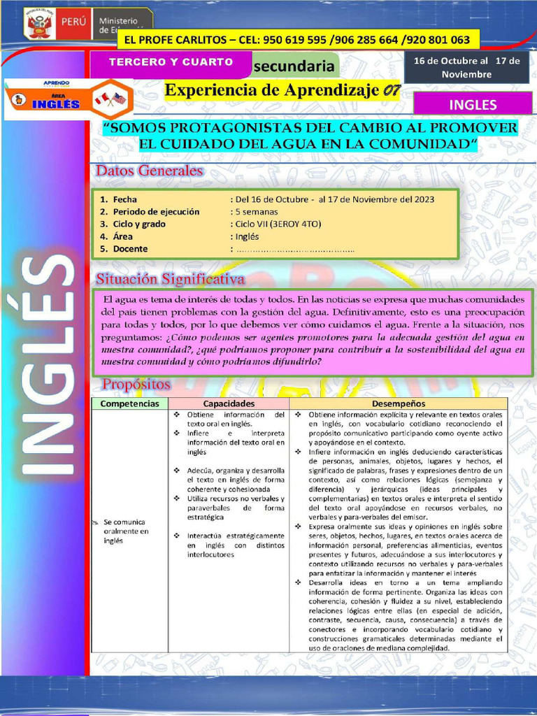EXPERIENCIA DE APRENDIZAJE 07 - 3ERO Y 4TO - INGLES -2023_00001 | PDF