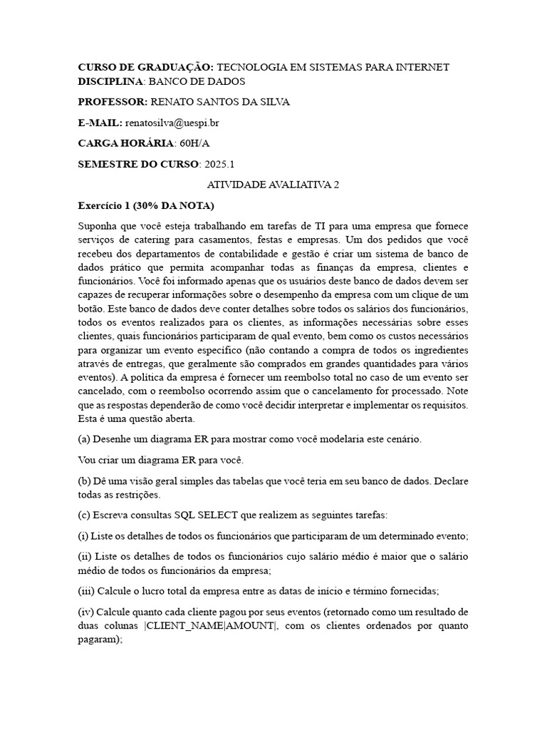 Atividade Avaliativa 2 Sigaa | PDF | SQL | Bancos de dados