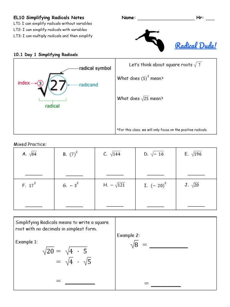 EL10 Simplifying Radicals Notes | PDF | Mathematics | Elementary ...