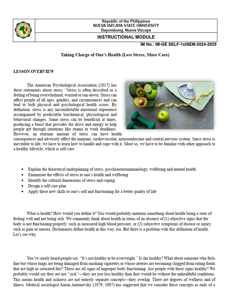 Taking Charge of Ones Health Module | PDF | Stress (Biology ...