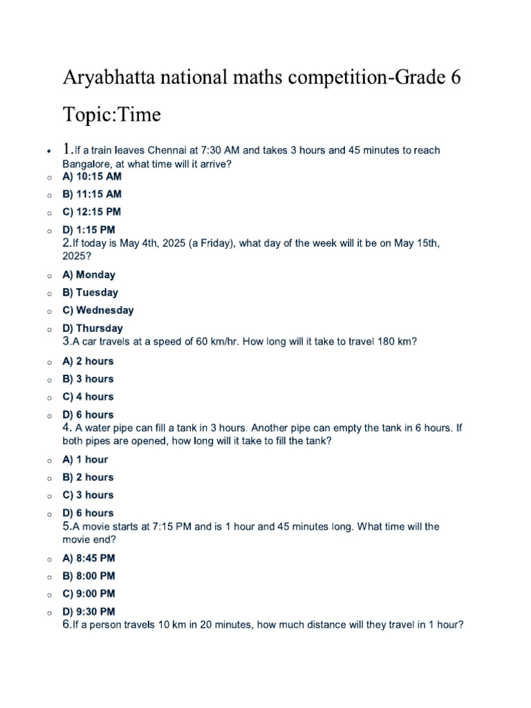 Aryabhatta National Maths Competition-Grade 6 (Topic-Time) | PDF