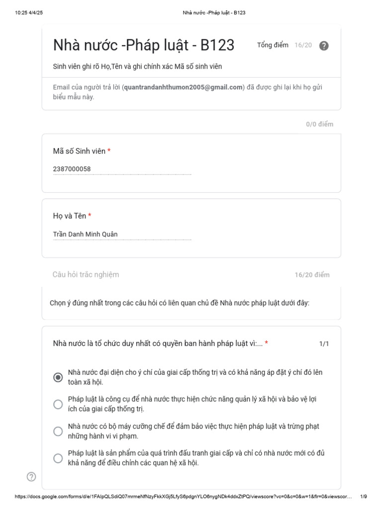 ktra 1 Nhà nước -Pháp luật - B123 | PDF