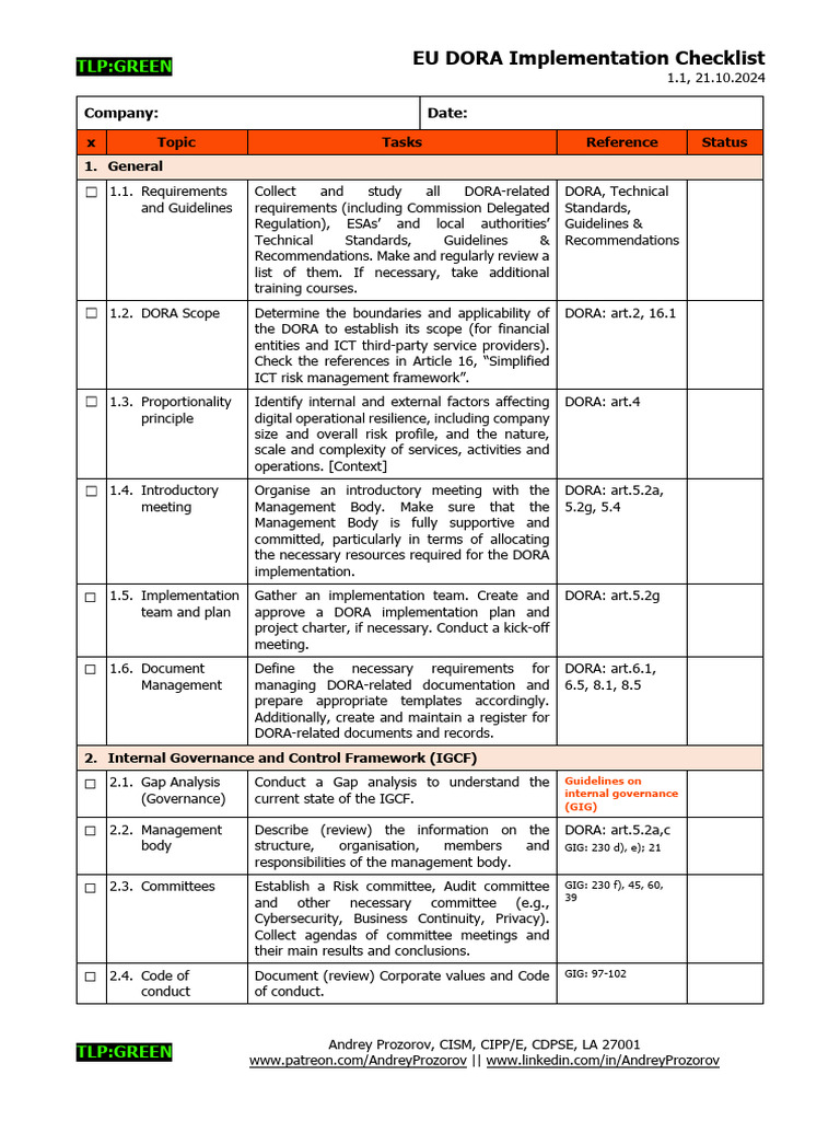 DORA Implementation Checklist 1.1 | PDF | Risk Management | Risk