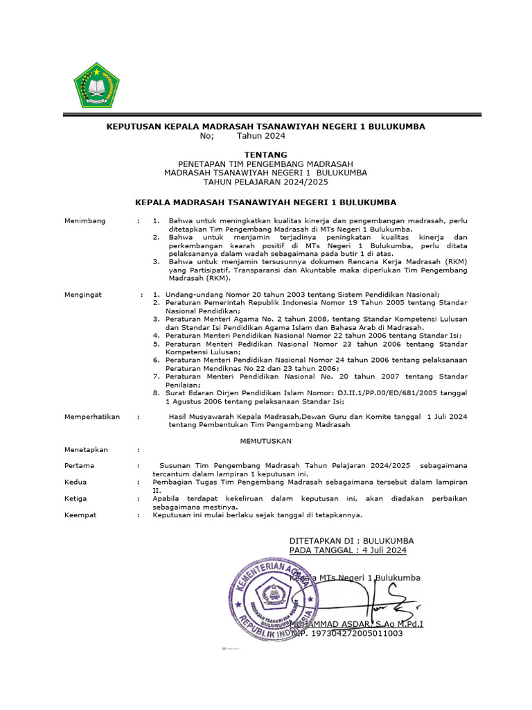Tim Pengembang MTs Negeri 1 Bulukumba 2024 | PDF