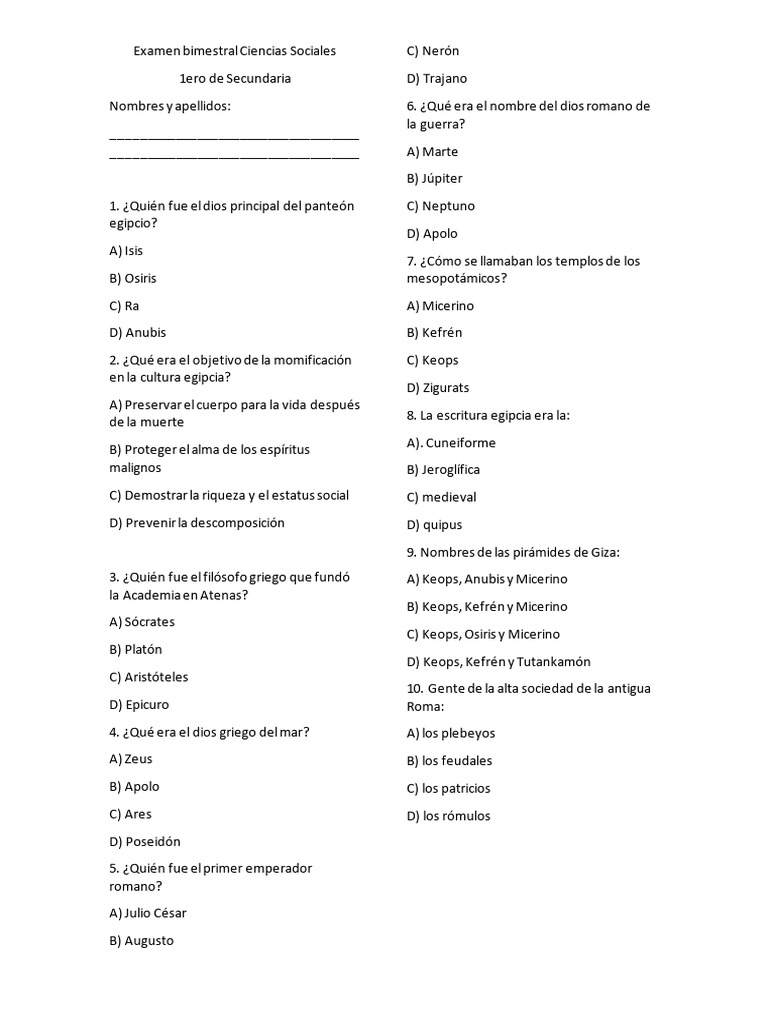 Examen Bimestral Ciencias Sociales 1ero Secundaria Onofre | PDF