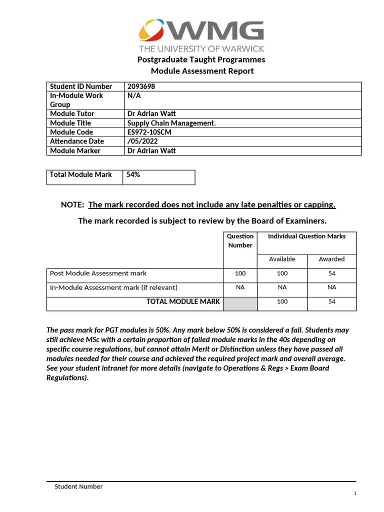 WMG MSC OS Singapore PMA Es972 SCM10 MarkandFeedbackSheet 2193698 May 2022 | PDF | Supply Chain ...