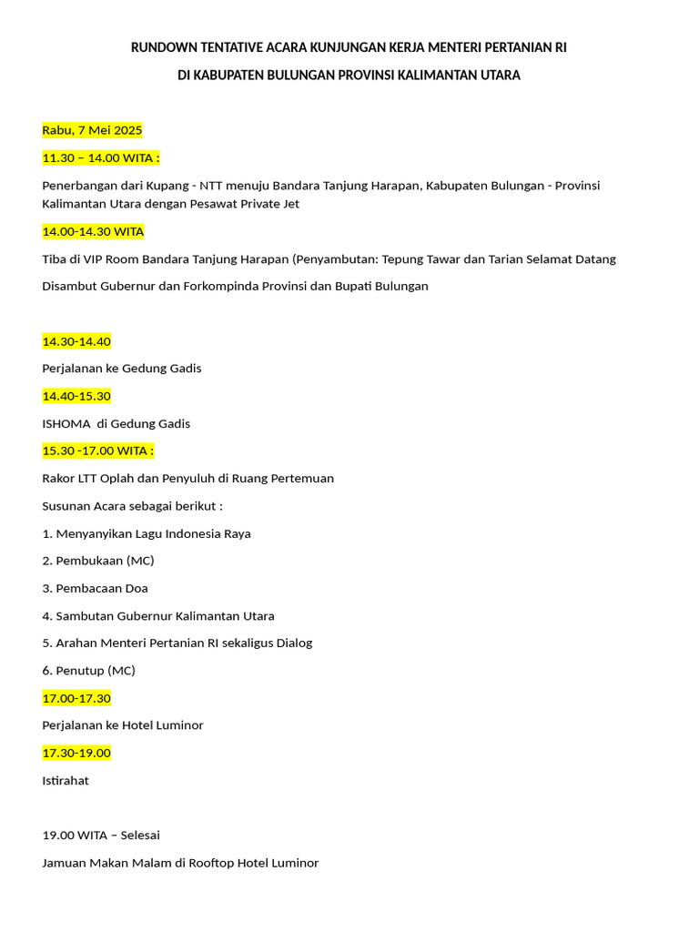 RUNDOWN TENTATIVE ACARA KUNJUNGAN KERJA MENTERI PERTANIAN Baru | PDF