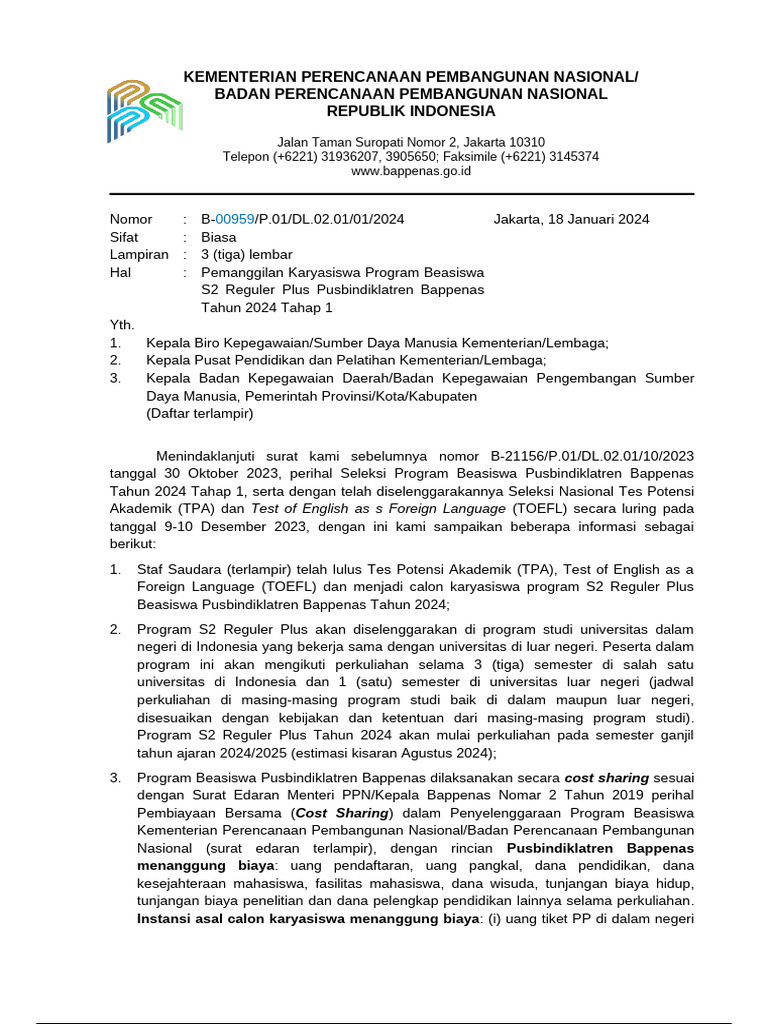 Surat Pemanggilan Karyasiswa Reguler Plus Tahun 2024 | PDF