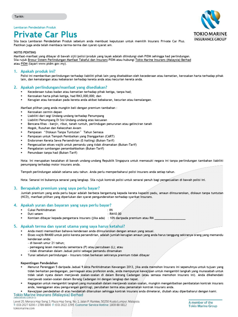 Private Car Plus Disclosure Sheet-BM | PDF