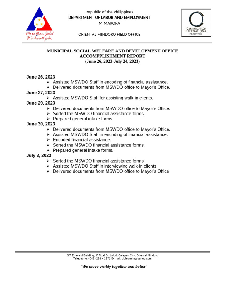 MSWDO Accomplishment Report: June-July 2023 | PDF