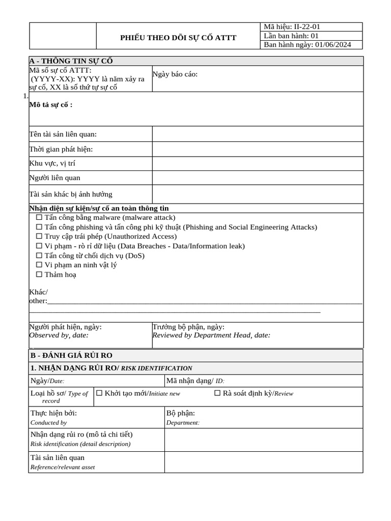 II-22-01 Phieu Theo Doi Sự Cố ATTT | PDF